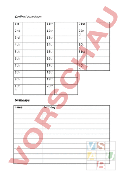 Arbeitsblatt: Ordinal Numbers / Birthdays - Englisch - Wortschatz