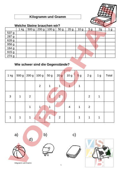 Arbeitsblatt: Kilogramm und Gramm - Mathematik - Sachrechnen / Grössen Arbeitsblatt: Kilogramm und Gramm - Mathematik - Sachrechnen / Grössen