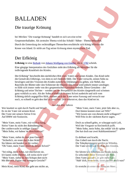 Arbeitsblatt: Balladen - Deutsch - Anderes Thema