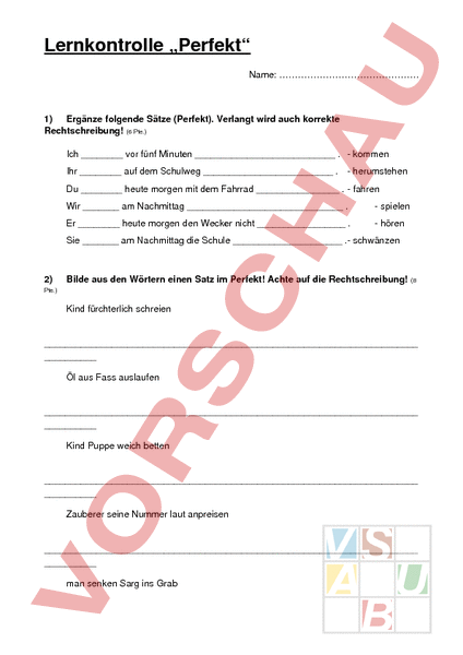 Arbeitsblatt: Lernkontrolle Perfekt - Deutsch - Grammatik
