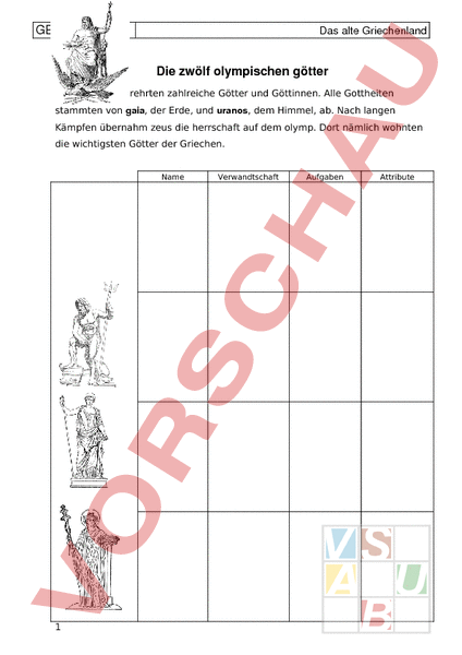 Arbeitsblatt: Die Götter des Olymp - Geschichte - Altertum