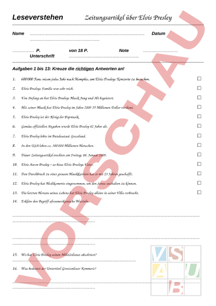 Arbeitsblatt: Leseverstehen - Kurztest 2 - Deutsch - Textverständnis