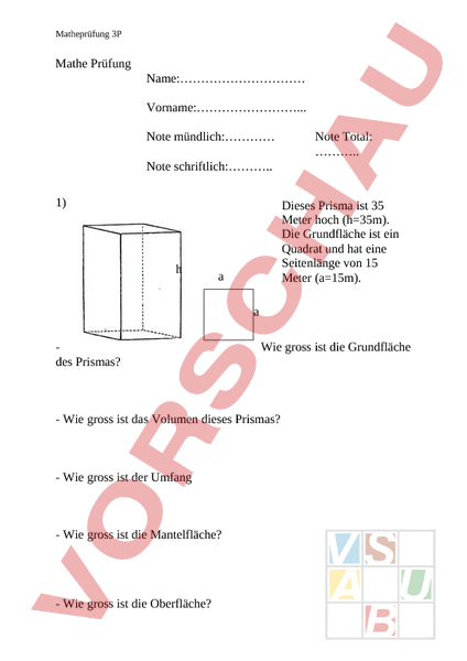 Arbeitsblatt: Prüfung Prisma - Geometrie - Körper / Figuren