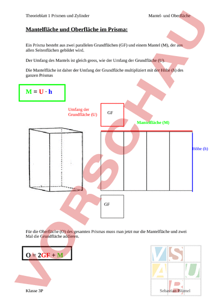 Arbeitsblatt: Theorieblatt Prisma - Geometrie - Körper / Figuren
