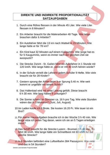 Arbeitsblatt: Direkte und indirekte Proportionalität - Mathematik ...