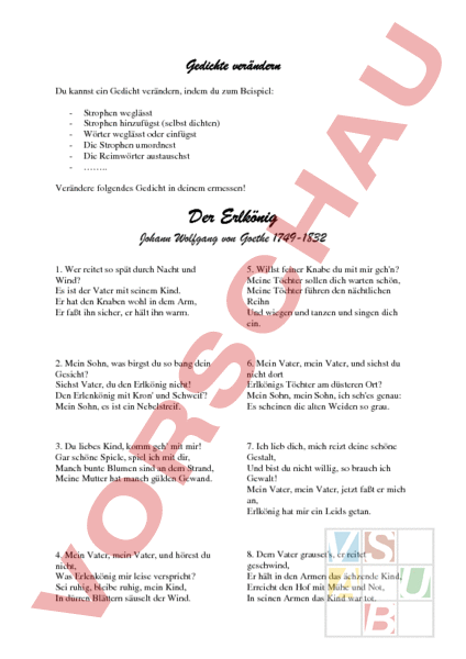 Arbeitsblatt: Erlkönig - Deutsch - Texte schreiben