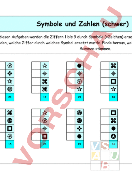 Arbeitsblatt: Symbole und Ziffern - Mathematik - Gemischte Themen