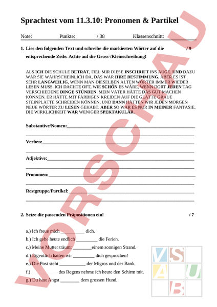Arbeitsblatt: Prüfung: Partikel & Pronomen - Deutsch - Grammatik