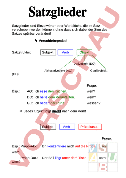Arbeitsblatt: Satzglieder - Deutsch - Grammatik