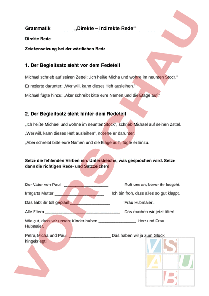 Arbeitsblatt: Direkte - Indirekte Rede - Deutsch - Grammatik