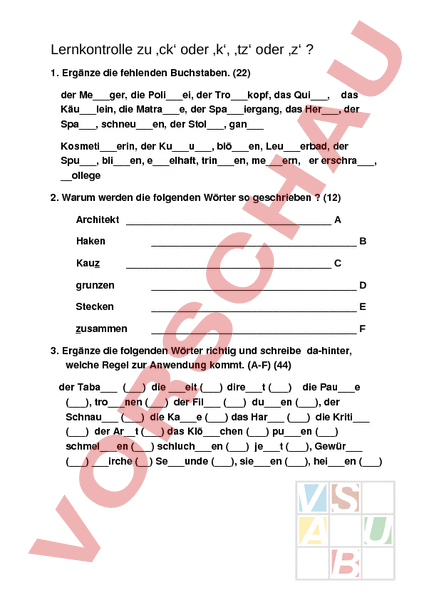Arbeitsblatt: Lernkontrolle ck-k/tz-z - Deutsch - Rechtschreibung