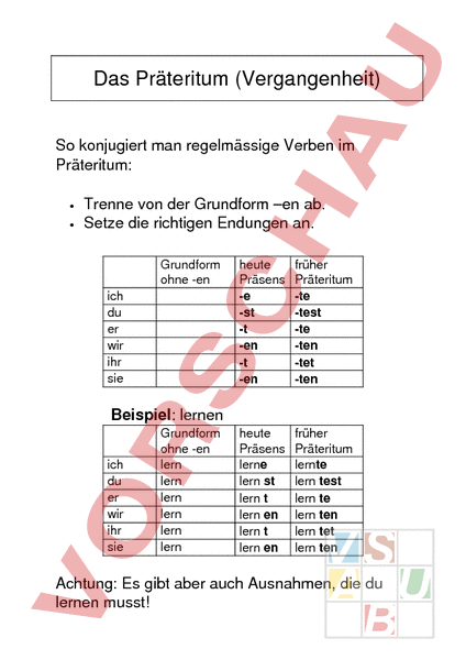 Arbeitsblatt: Merkblatt Präteritum - Deutsch - Grammatik