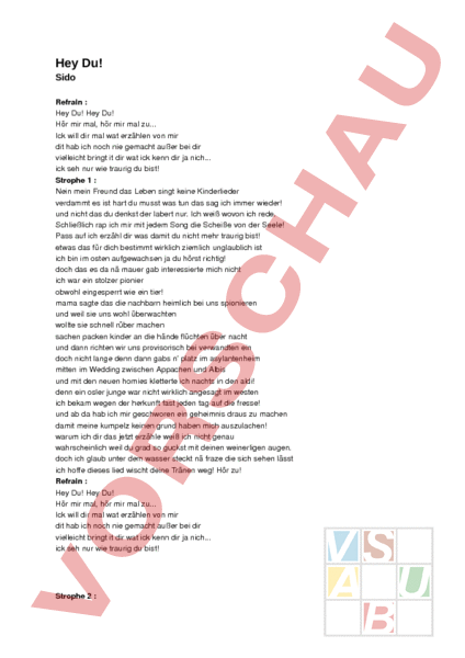 Arbeitsblatt: Hey du (Sido) - Liedtext - Musik - Singen / Lieder