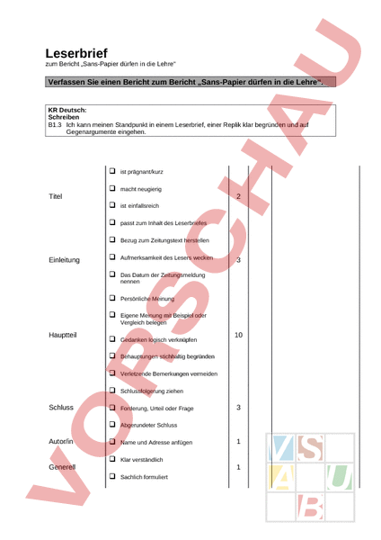 Arbeitsblatt: Leserbrief - Deutsch - Texte schreiben