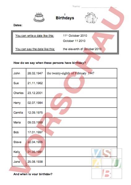 Arbeitsblatt: Ordinal numbers:Birthdays - Englisch - Grammatik