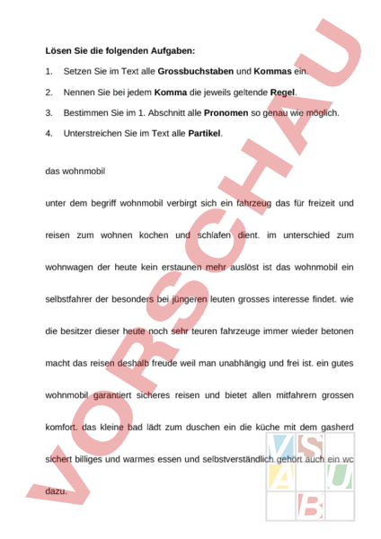 Arbeitsblatt: Text - Grossbuchstaben, Kommas, Pronomen, Partikel ...