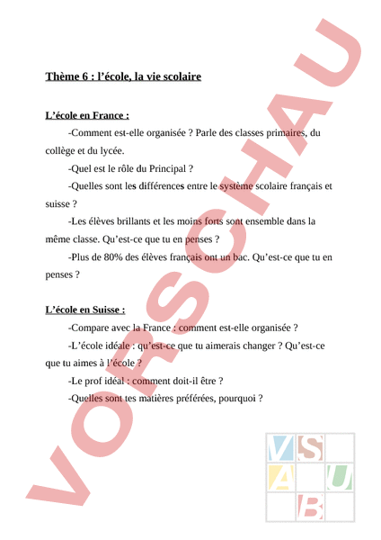 Arbeitsblatt: BAP, l'école, la vie scolaire - Französisch - Anderes Thema