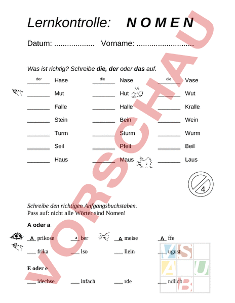 Arbeitsblatt: Lernkontrolle-Nomen - Deutsch - Grammatik