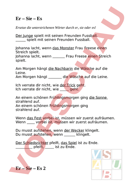 Arbeitsblatt: er - sie - es - Deutsch - Grammatik