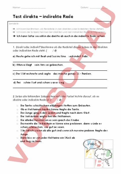 Arbeitsblatt: Test direkte und indirekte Rede - Deutsch - Grammatik