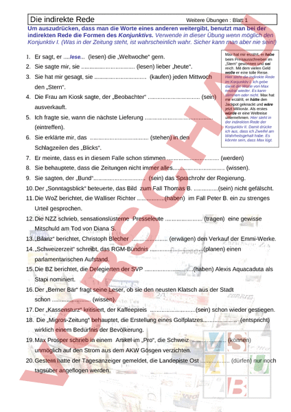 Arbeitsblatt: Indirekte Rede - Deutsch - Grammatik
