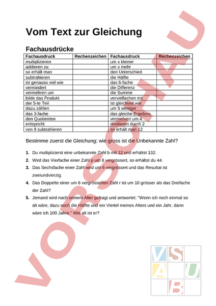 Arbeitsblatt: Vom Text zur Gleichung - Mathematik - Gleichungen ...