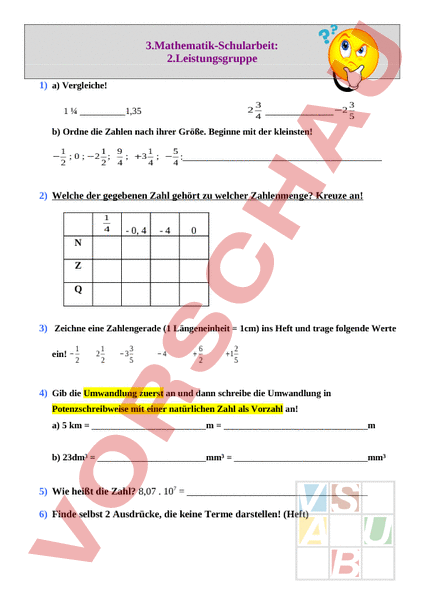 Arbeitsblatt: Schularbeit - Mathematik - Gemischte Themen