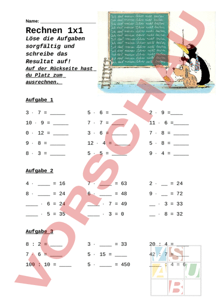 Arbeitsblatt: das 1 x 1 - Mathematik - Multiplikation