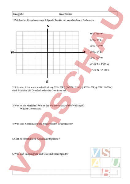 Arbeitsblatt: Koordinaten - Geographie - Kartographie / Gradnetz