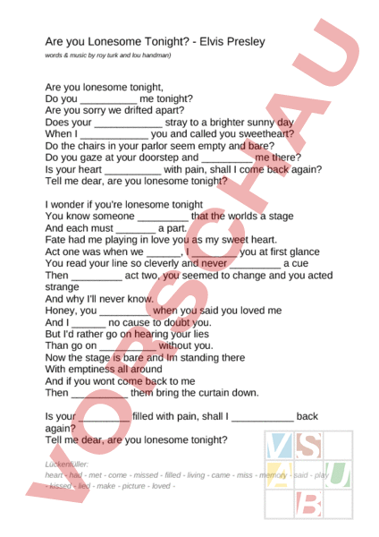 Arbeitsblatt: Elvis - Are You Lonesome Tonight, past simple - Englisch ...