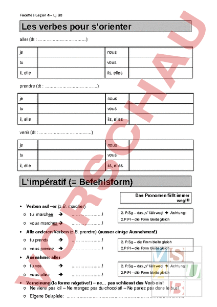 Arbeitsblatt: Les verbes pour s'orienter - Französisch - Grammatik