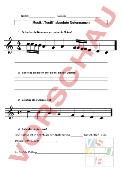 Arbeitsblatt: Test absolute Notennamen - Musik - Musiktheorie / Noten