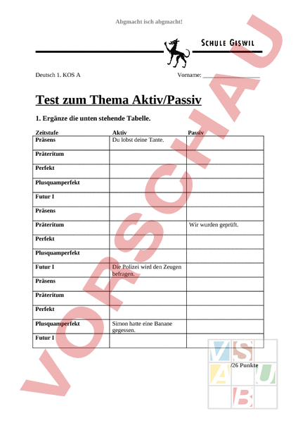 Arbeitsblatt: Test Aktiv Passiv - Deutsch - Grammatik