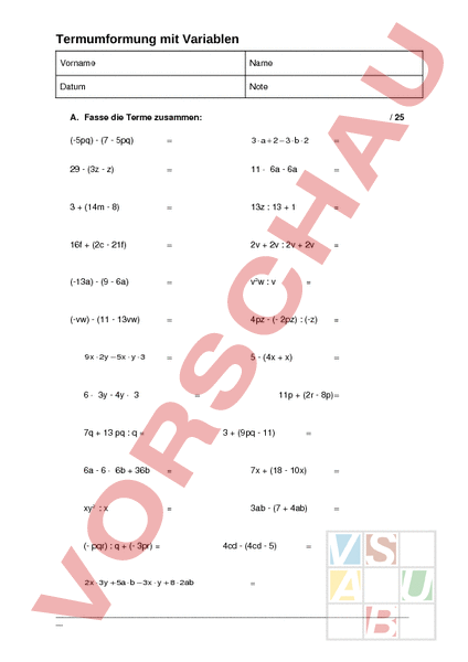 Arbeitsblatt: Test Terme umformen - Mathematik - Algebra