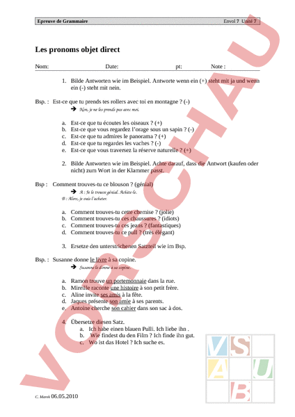 Arbeitsblatt: Envol7 U7 pronoms objet direct - Französisch - Lehrmittel