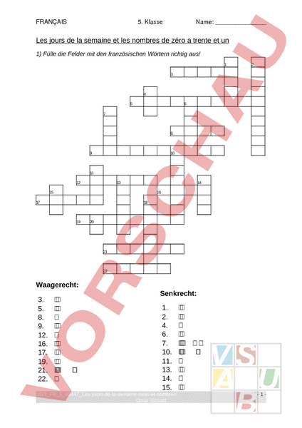 Arbeitsblatt: Les jours de la semaine, mois et nombres - Französisch ...