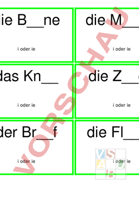 Arbeitsblatt: Legekärtchen i oder ie - Deutsch - Rechtschreibung