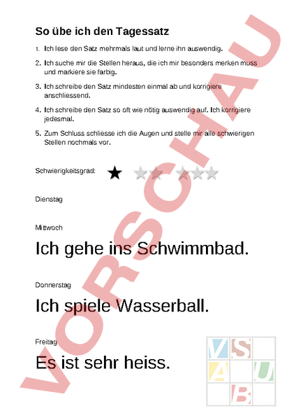 Arbeitsblatt: Lernsätze zum Thema Schwimmbad - Deutsch - Rechtschreibung