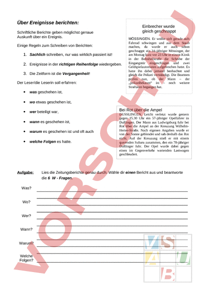 Arbeitsblatt: Berichte schreiben - Deutsch - Texte schreiben