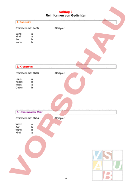Arbeitsblatt: Reimformen - Deutsch - Anderes Thema
