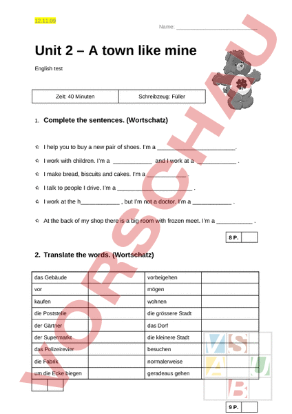 Arbeitsblatt: Prüfung Unit 2 Young World - Englisch - Gemischte Themen