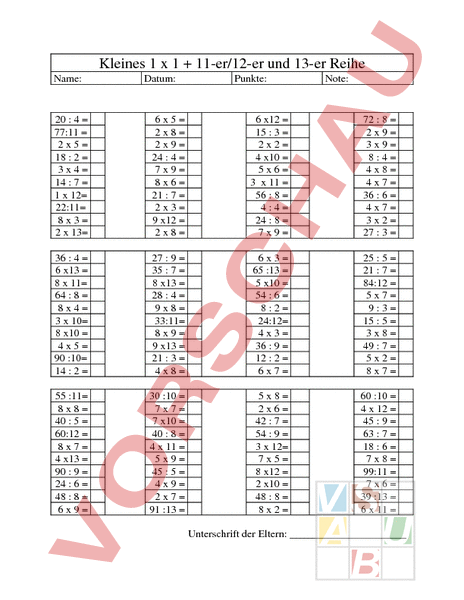 Arbeitsblatt: 1 x 1 - Mathematik - Multiplikation