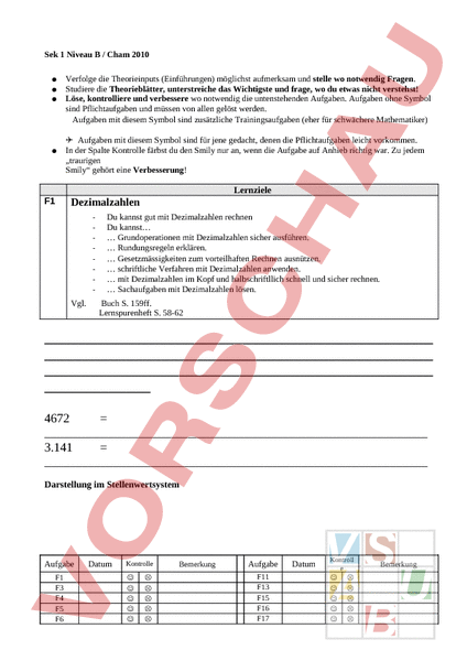 Arbeitsblatt: Arbeitsplan SABE F1 Dezimalzahlen und Brüche - Mathematik ...