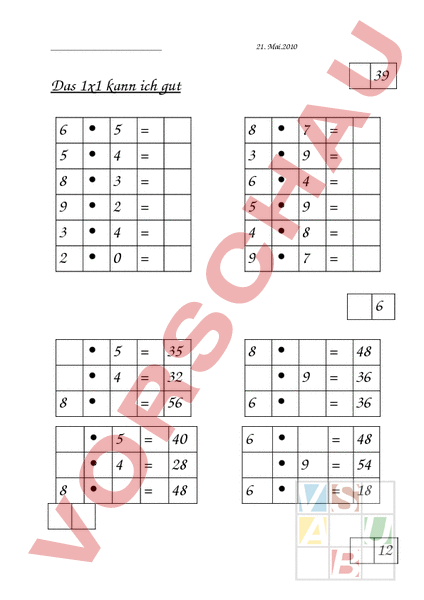 Arbeitsblatt: Das 1x1 kann ich gut - Mathematik - Multiplikation