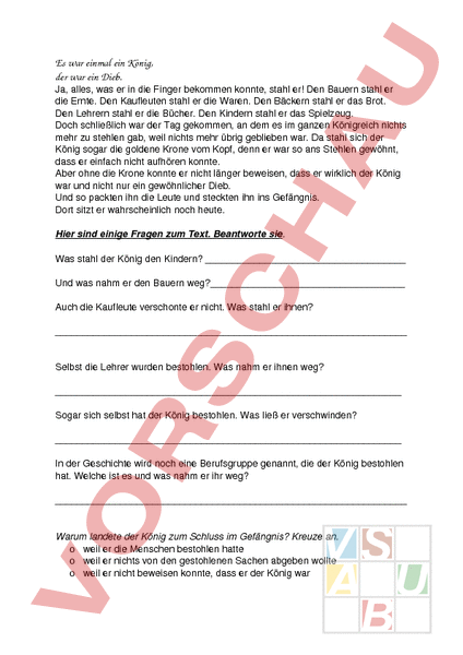 Arbeitsblatt: Der Dieb - Deutsch - Textverständnis
