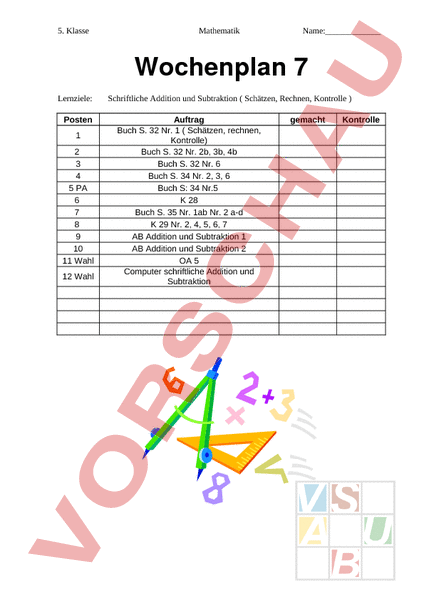 Arbeitsblatt: Wochenplan 7 - Mathematik - Gemischte Themen