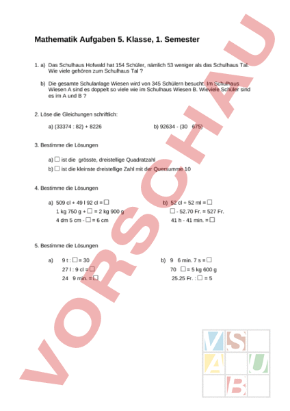Arbeitsblatt: Semesterübung - Mathematik - Gemischte Themen