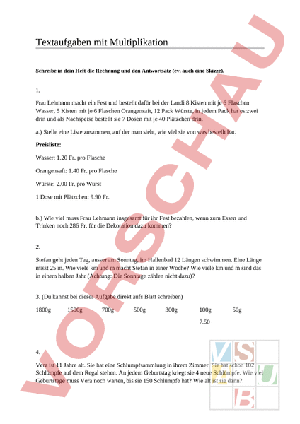 Arbeitsblatt: Textaufgabe Multiplikation - Mathematik - Sachrechnen ...