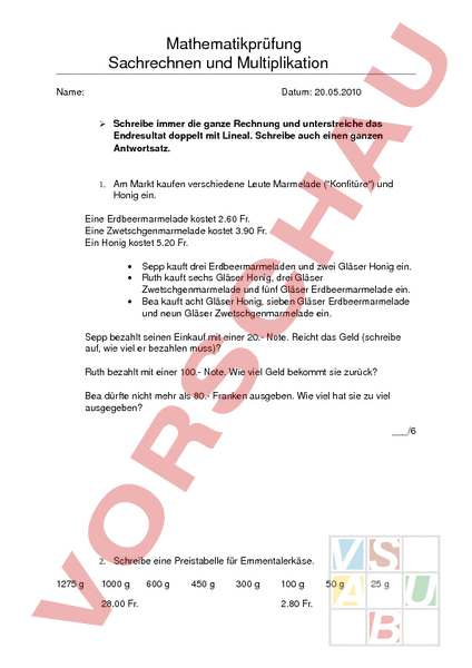 Arbeitsblatt: Prüfung Textaufgaben mit Multiplikation - Mathematik ...