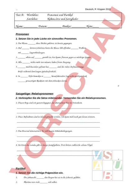 Arbeitsblatt: Wortlehre :Pron./Partikel-Satzlehre - Deutsch - Grammatik